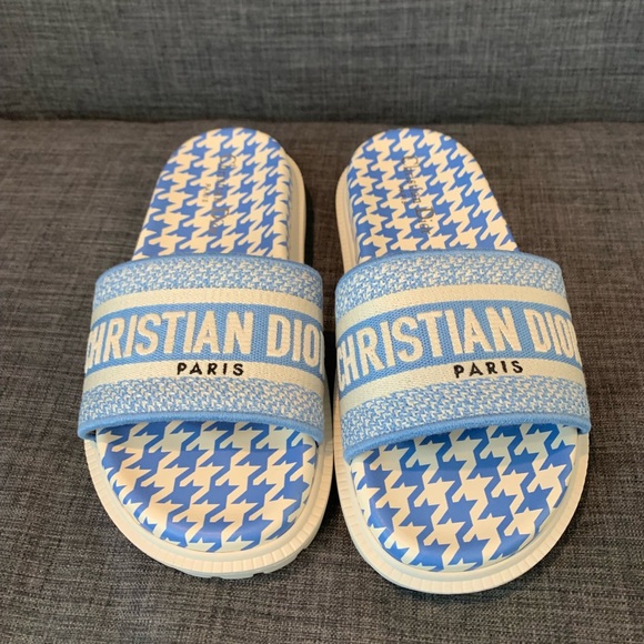 Dior | Shoes | Christian Dior Blue And White Herringbone Slides Sz 375 ...